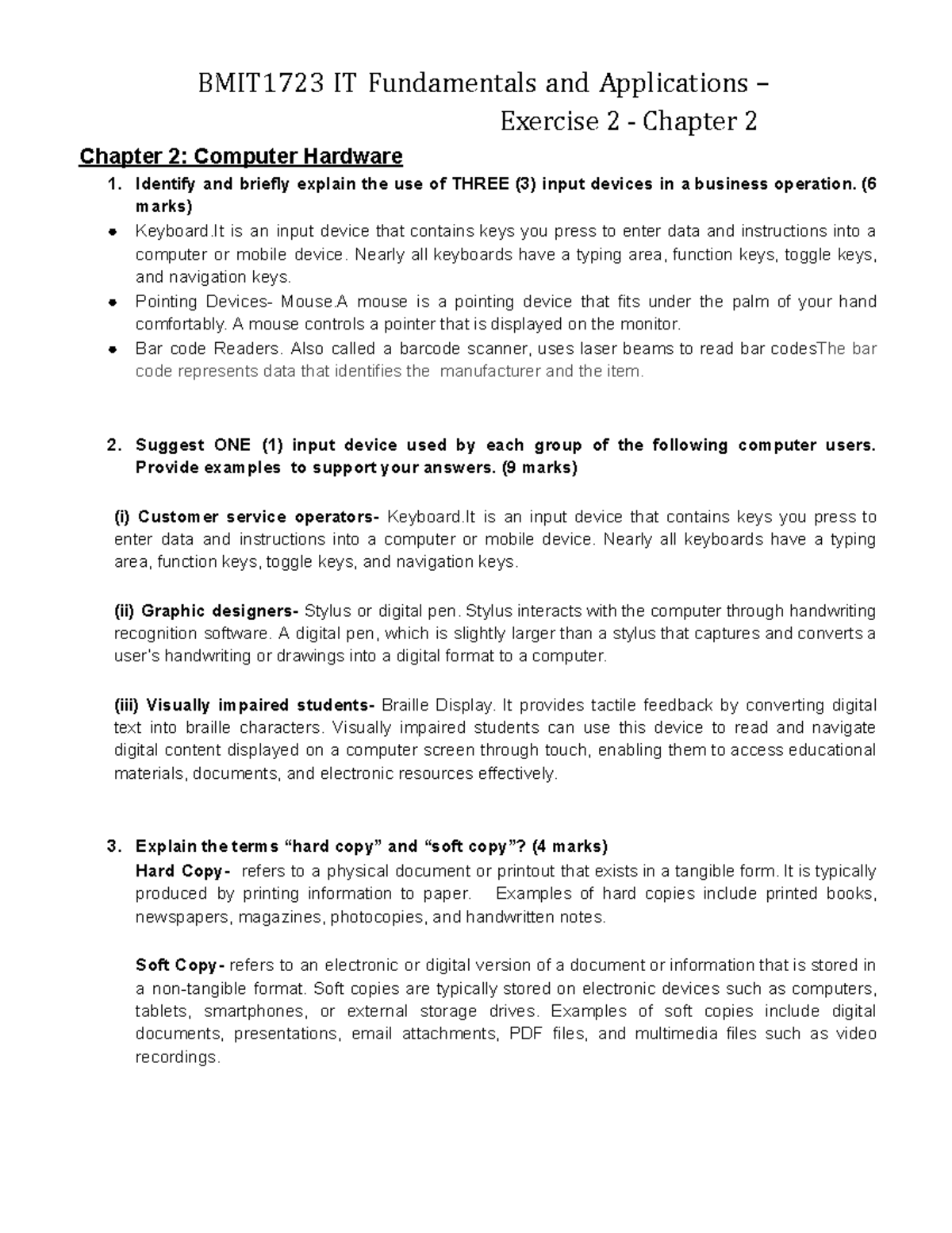 Exercise 2Q - Chapter 2 Computer Hardware 2 - BMIT1723 IT Fundamentals ...