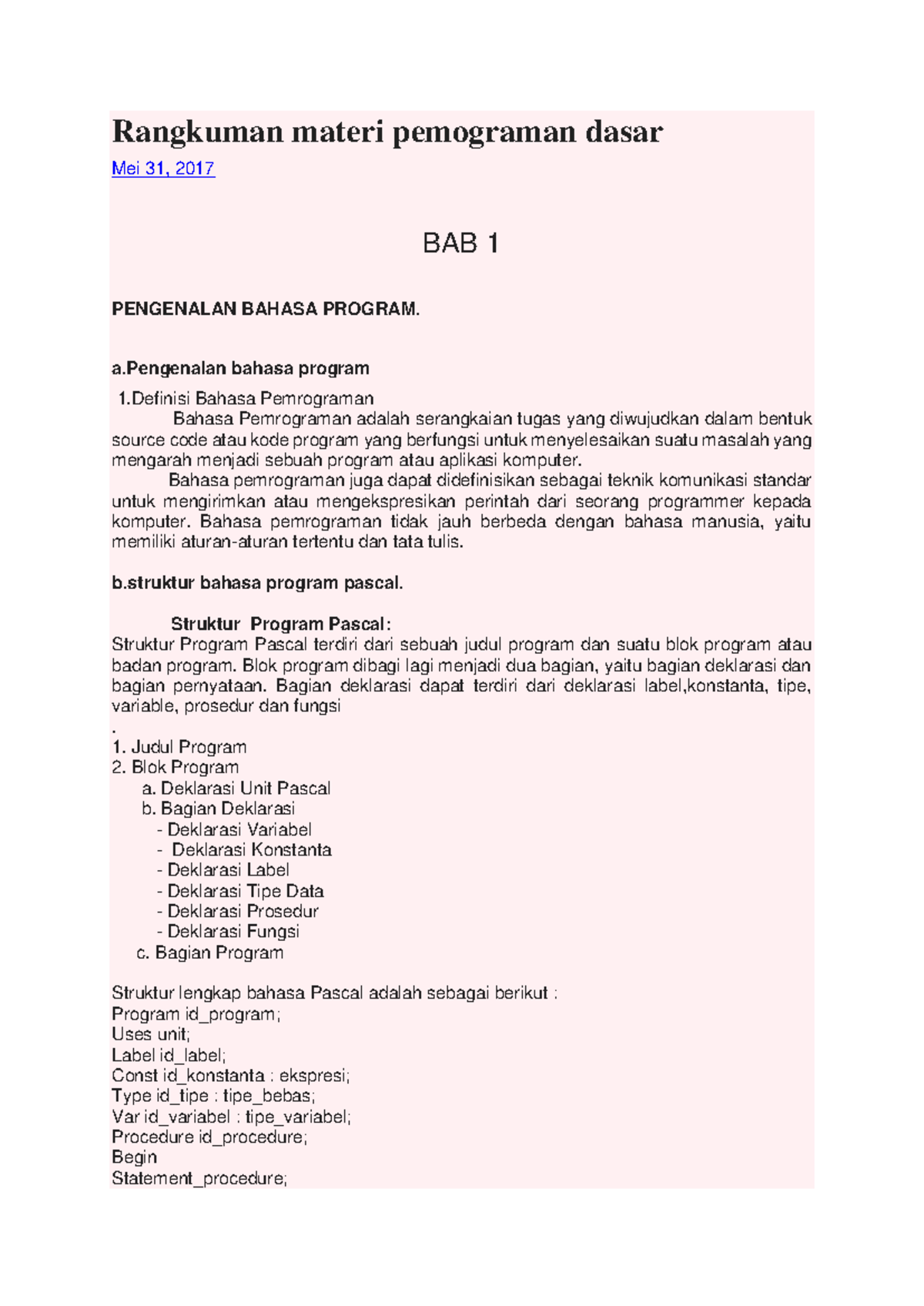 Rangkuman materi pemograman dasar - a bahasa program 1 Bahasa ...