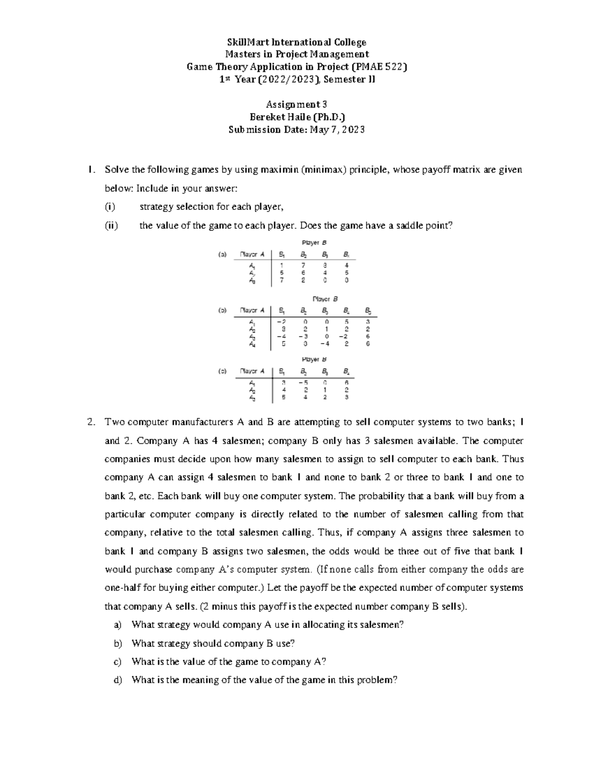 Assignment 3 2022 2023 - SkillMart International College Masters in Project Management Game ...