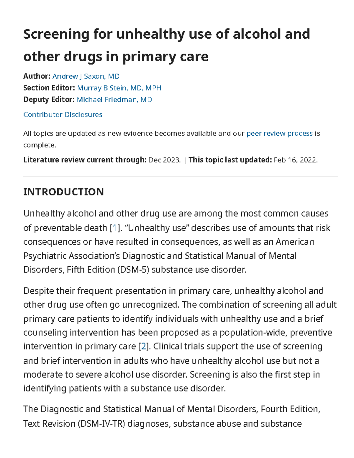 Medicine biochemi - Screening for unhealthy use of alcohol and other ...
