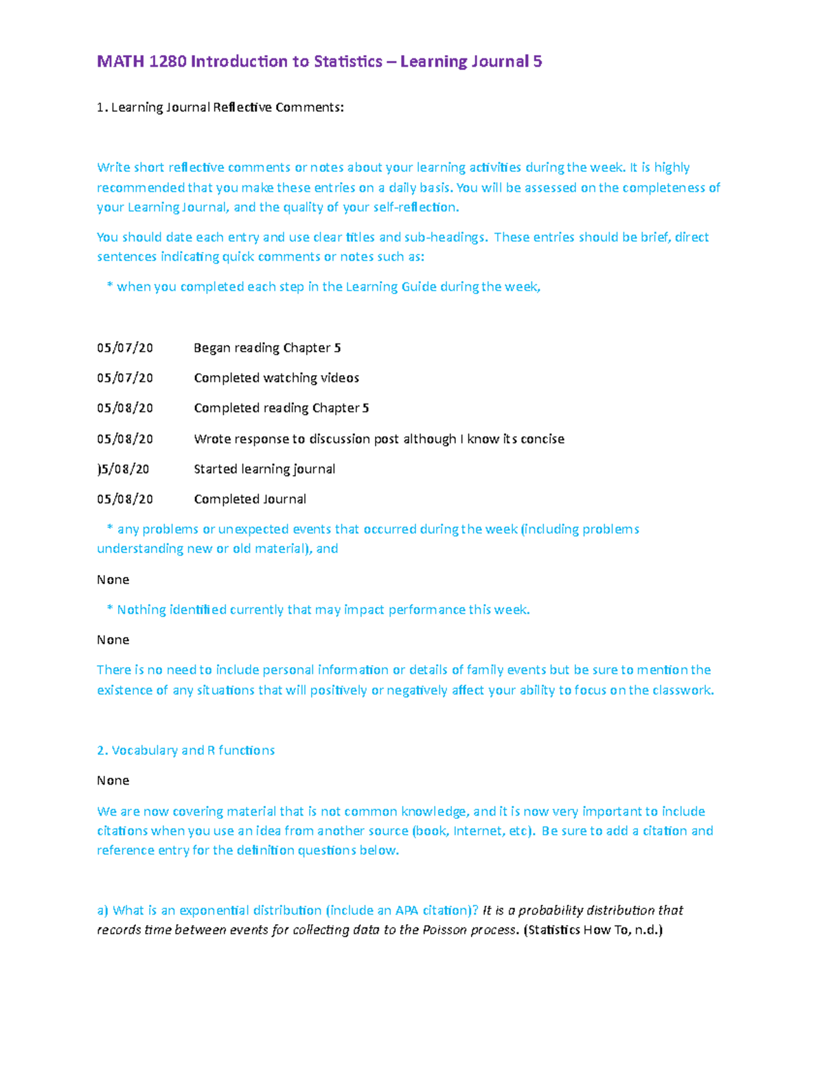MATH 1280 - Learning Journal 5 - MATH 1280 Introduction to Statistics ...