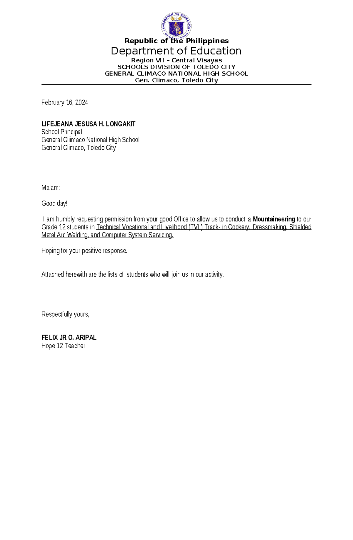 Letter - NANANNA - Republic of the Philippines Department of Education ...