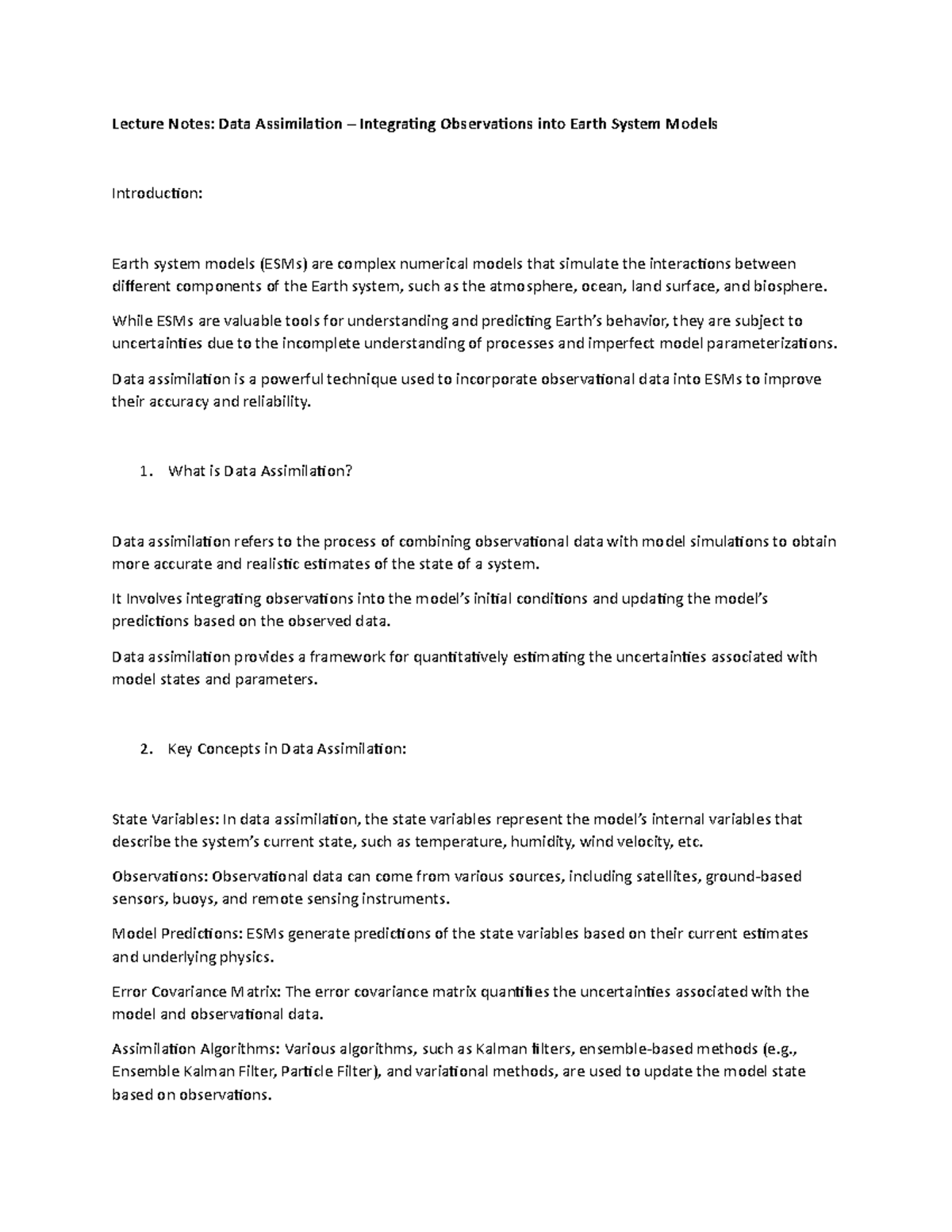 Lecture Notes: Data Assimilation – Integrating Observations into Earth ...