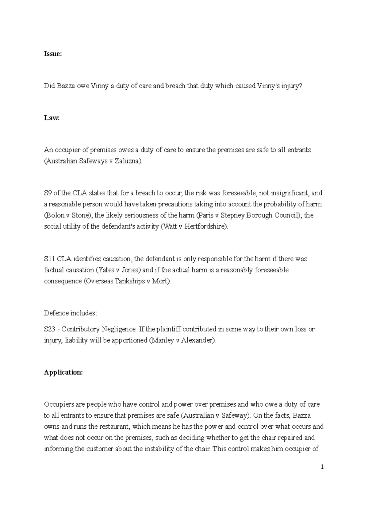 Law1100 Tutorial 2 assignment - Issue: Did Bazza owe Vinny a duty of ...