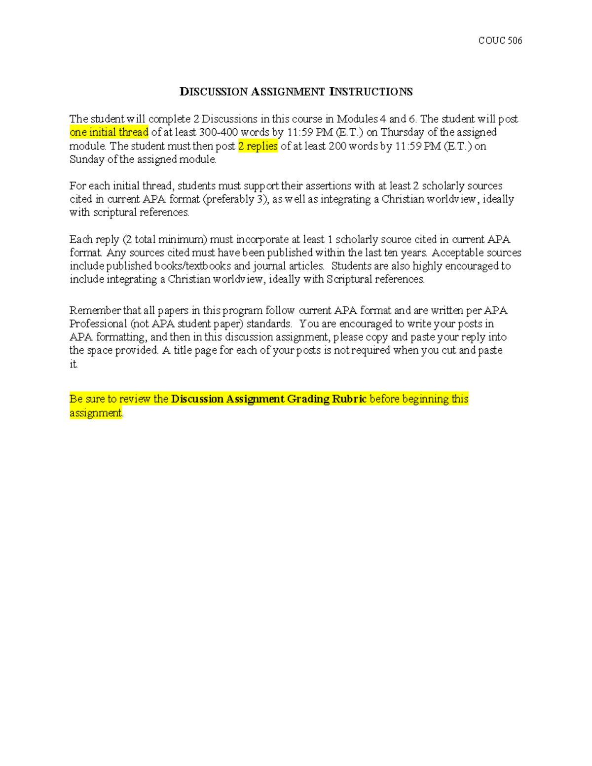 506 Modules 4 and 6 Discussion Assignment Instructions-1 - COUC 506 ...
