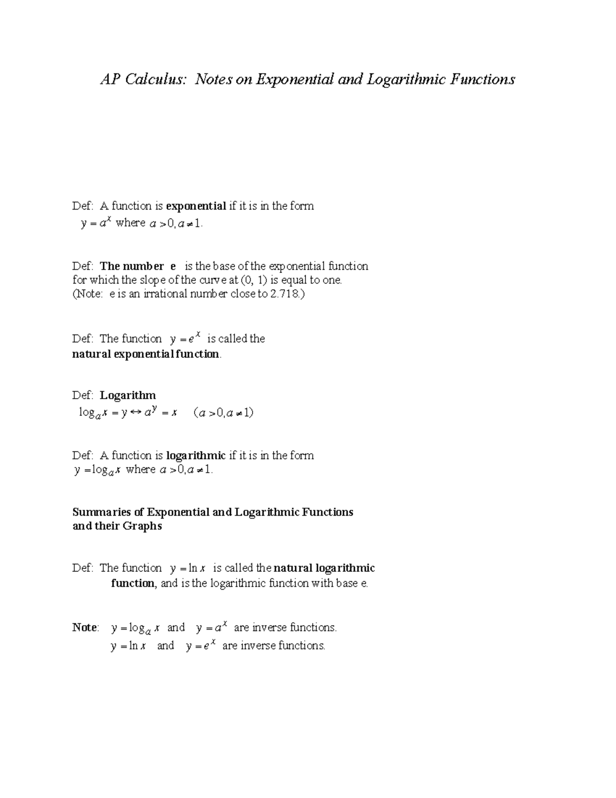 Ch. 1 Notes Exp Logs - Chapter 1 intro to Calc - AP Calculus: Notes on ...