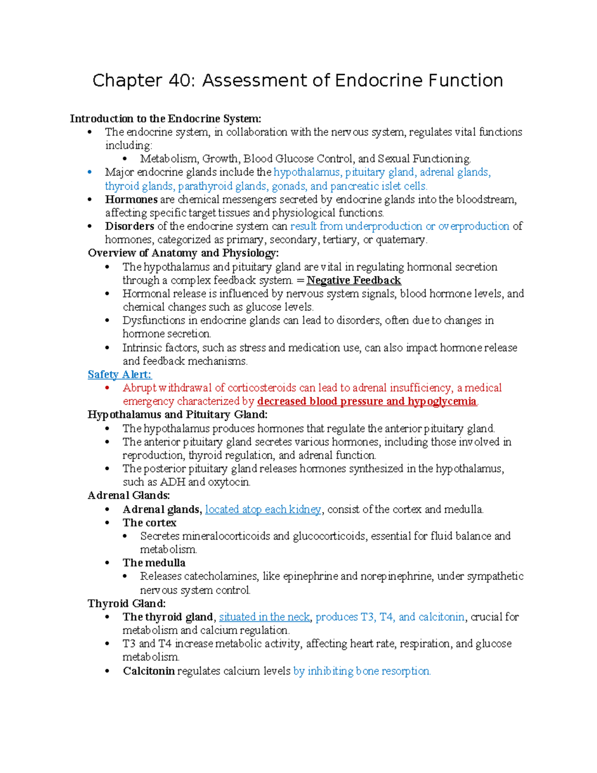 EXAM 4 Review Notes - Chapter 40: Assessment of Endocrine Function ...