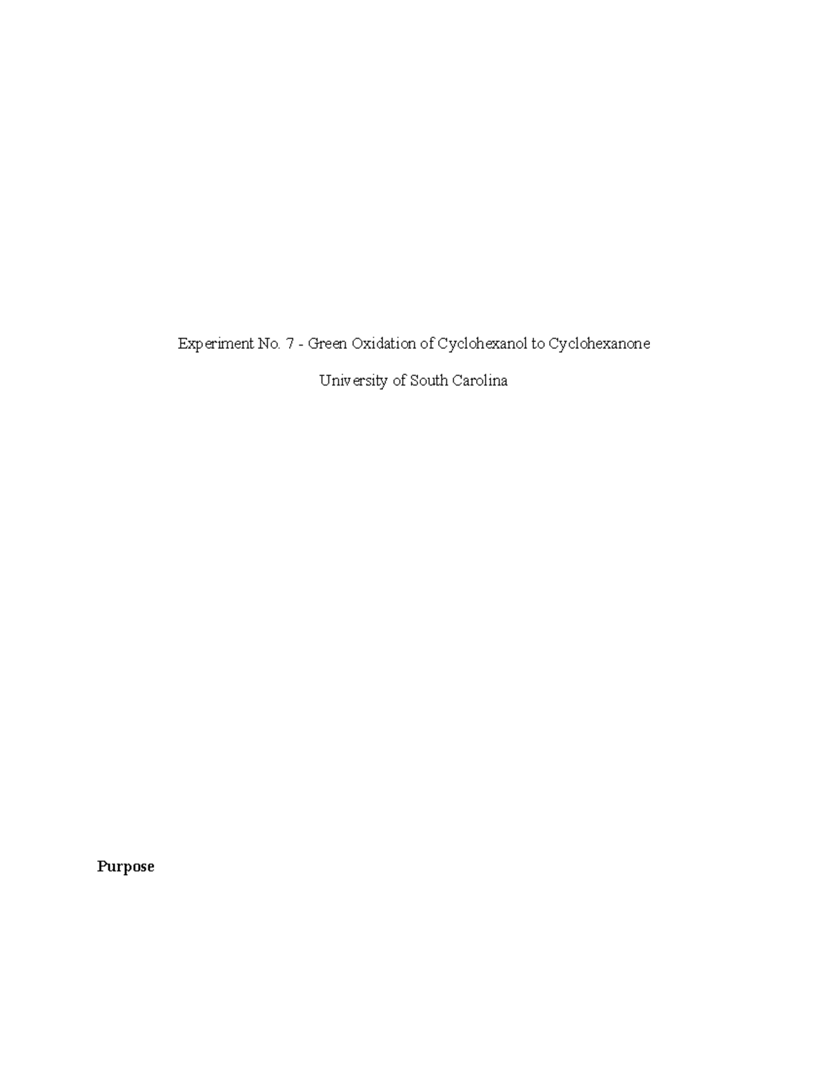Pre-Lab Report #7 - Experiment No. 7 - Green Oxidation of Cyclohexanol ...