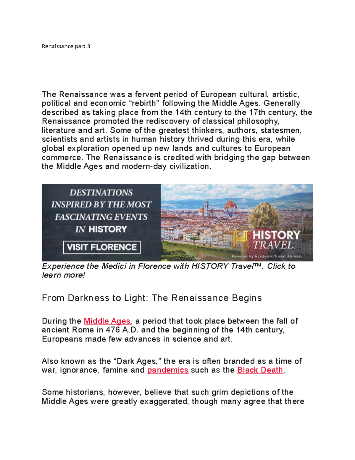 Renaissance part 3 - Generally described as taking place from the 14th ...