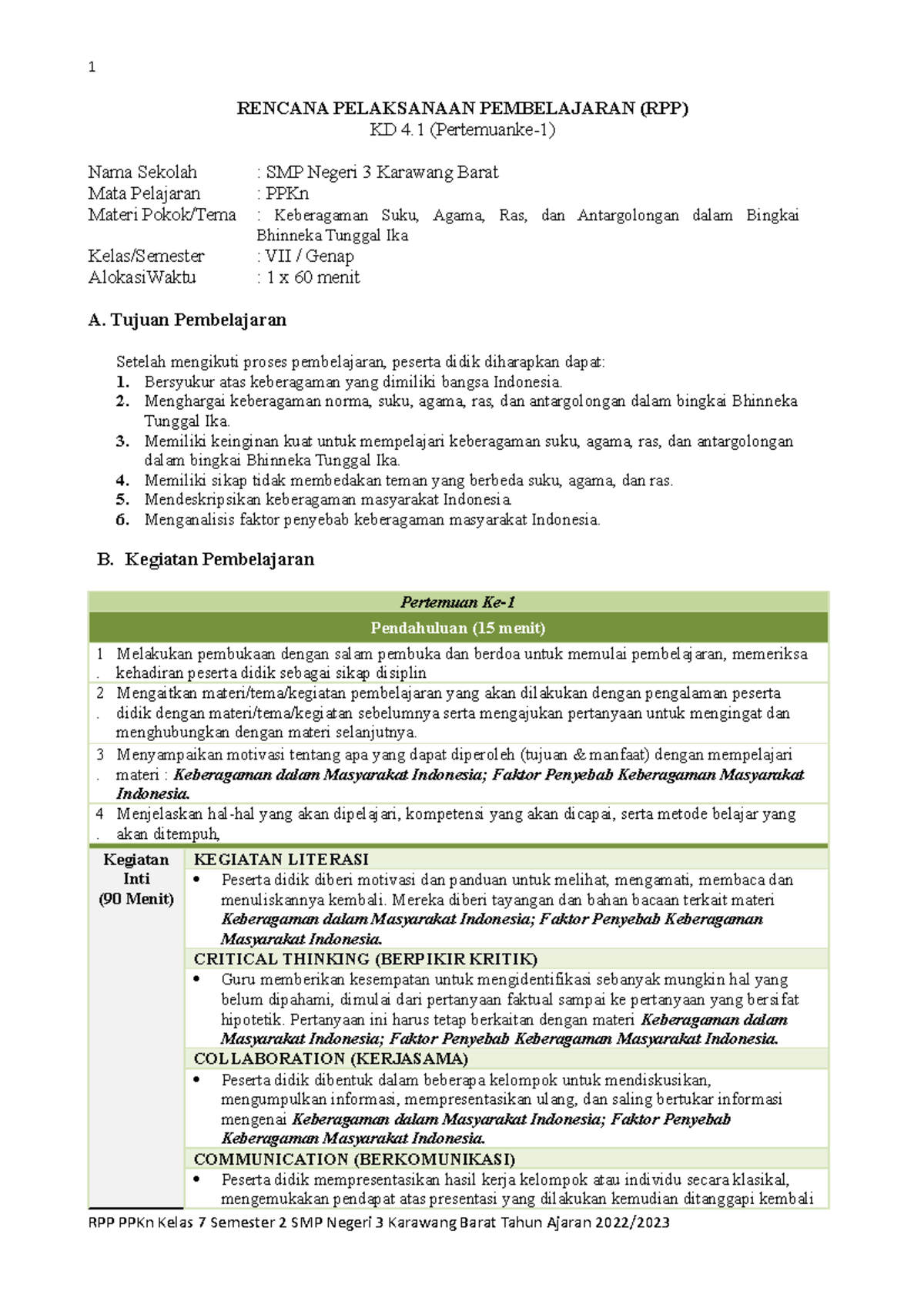 1.RPP PKN KLS9 - rpp - 1 RENCANA PELAKSANAAN PEMBELAJARAN (RPP) KD 4. 1 ...