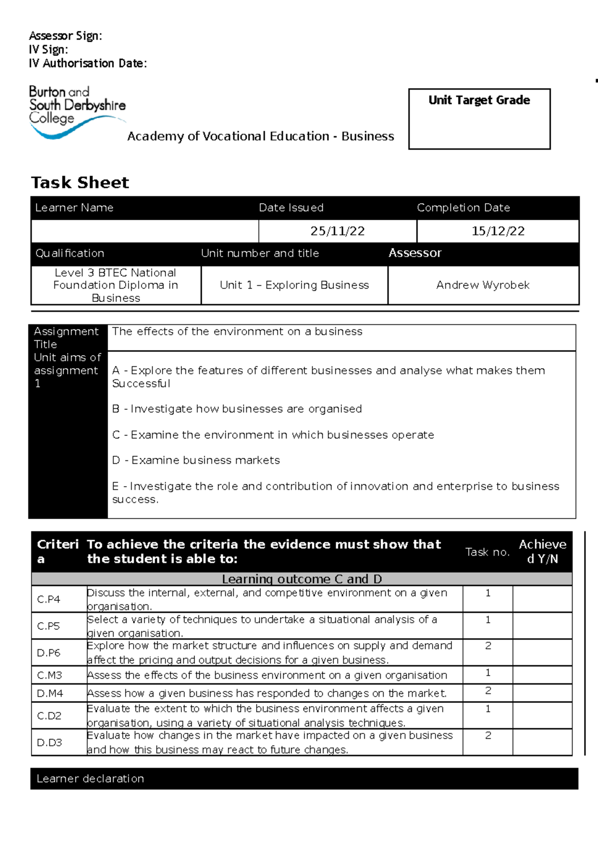 Unit 1 - Assignment 1 - IV Sign: IV Authorisation Date: Academy of ...