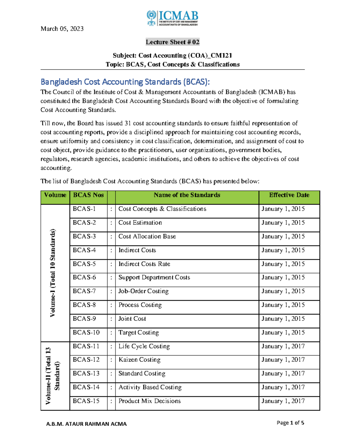 COA Lecture Sheet - March 05, 2023 Lecture Sheet # 02 Subject: Cost Accounting (COA)_CM Topic ...