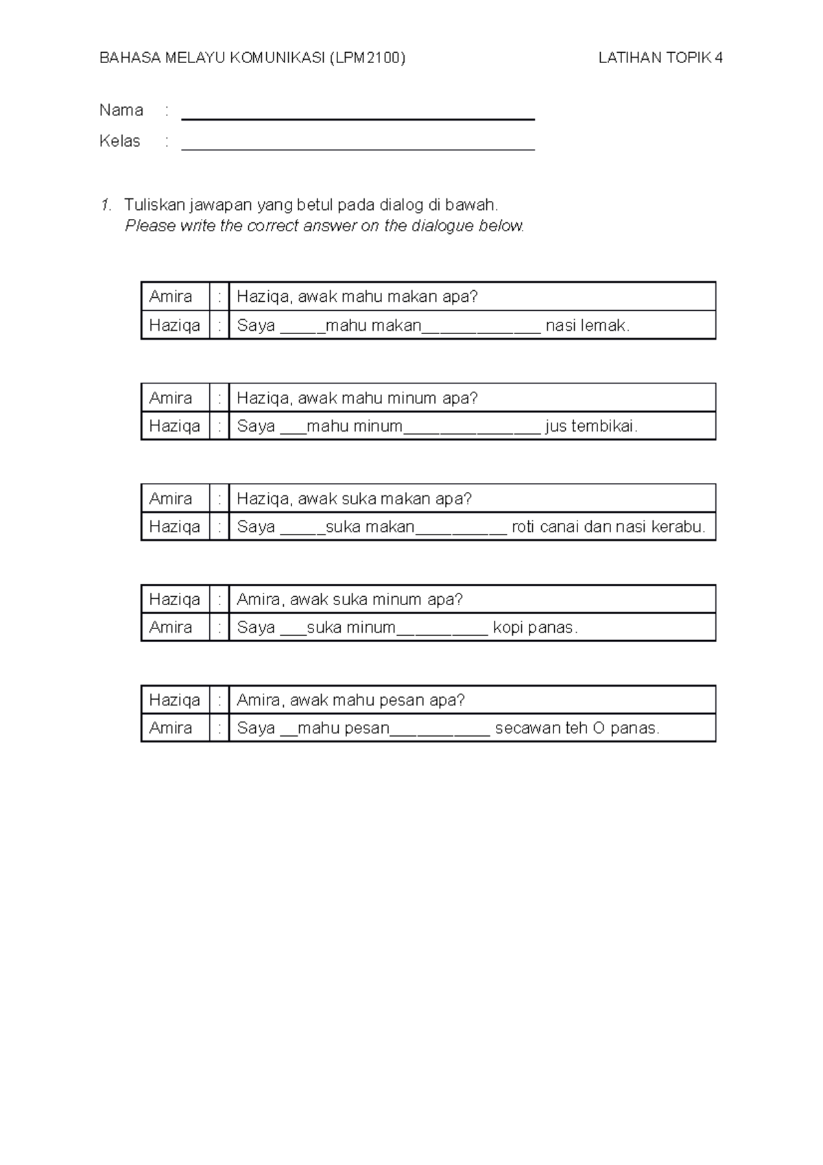Latihan Topik 4 - Basic Malay Communication Exercises - BAHASA MELAYU ...