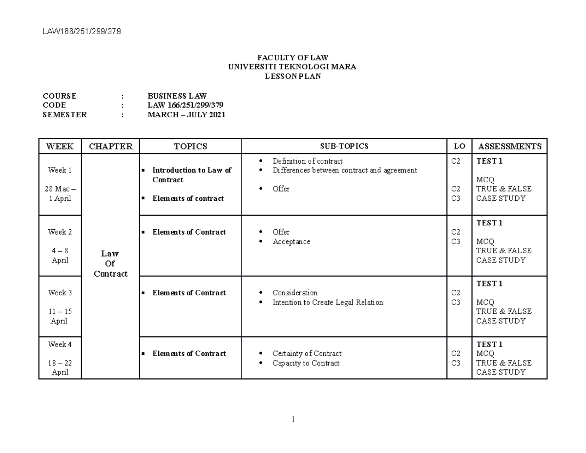 Lesson PLAN ODL LAW299 MAC 2021 - FACULTY OF LAW UNIVERSITI TEKNOLOGI ...