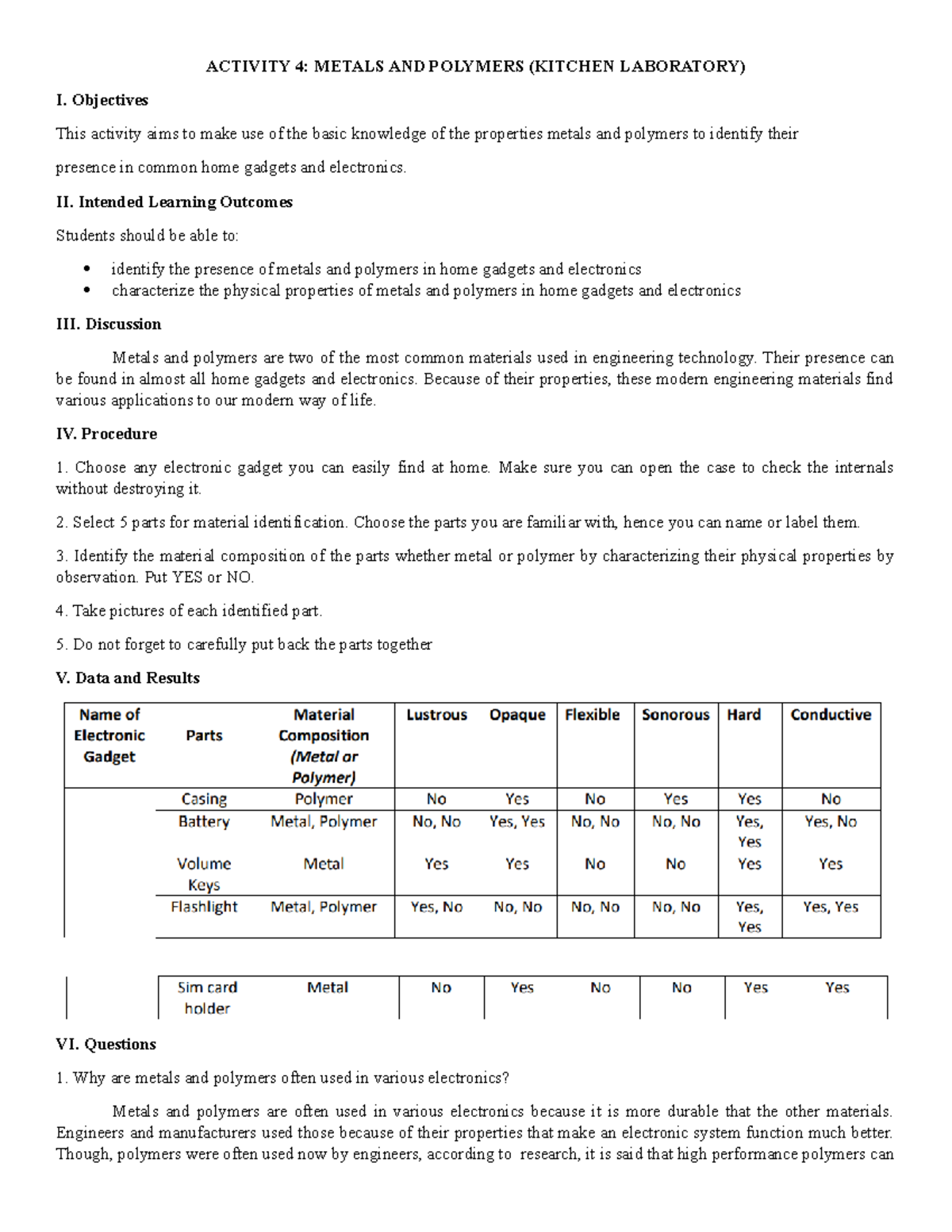 Laboratory Report-CHEM001- Metals And Polymers - General Chemistry ...
