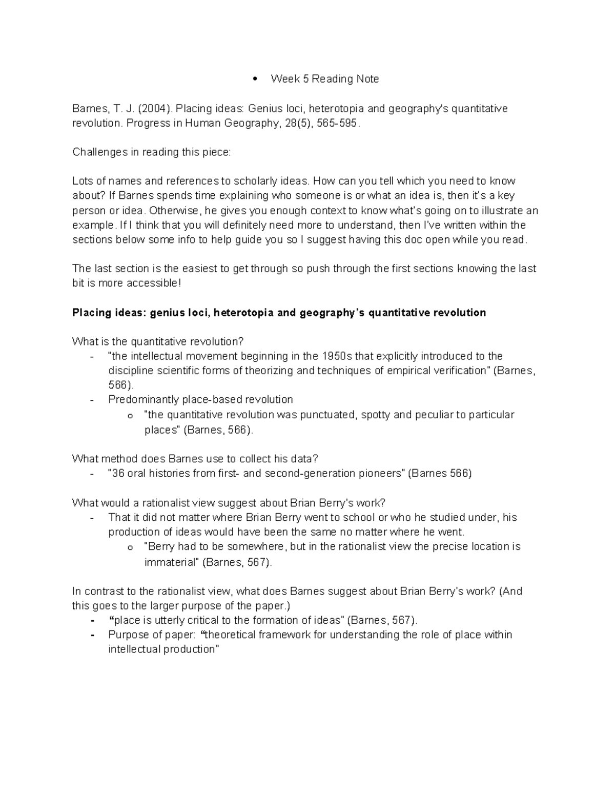 Geog345 Week 5 Reading Note - Week 5 Reading Note Barnes, T. J. (2004 ...