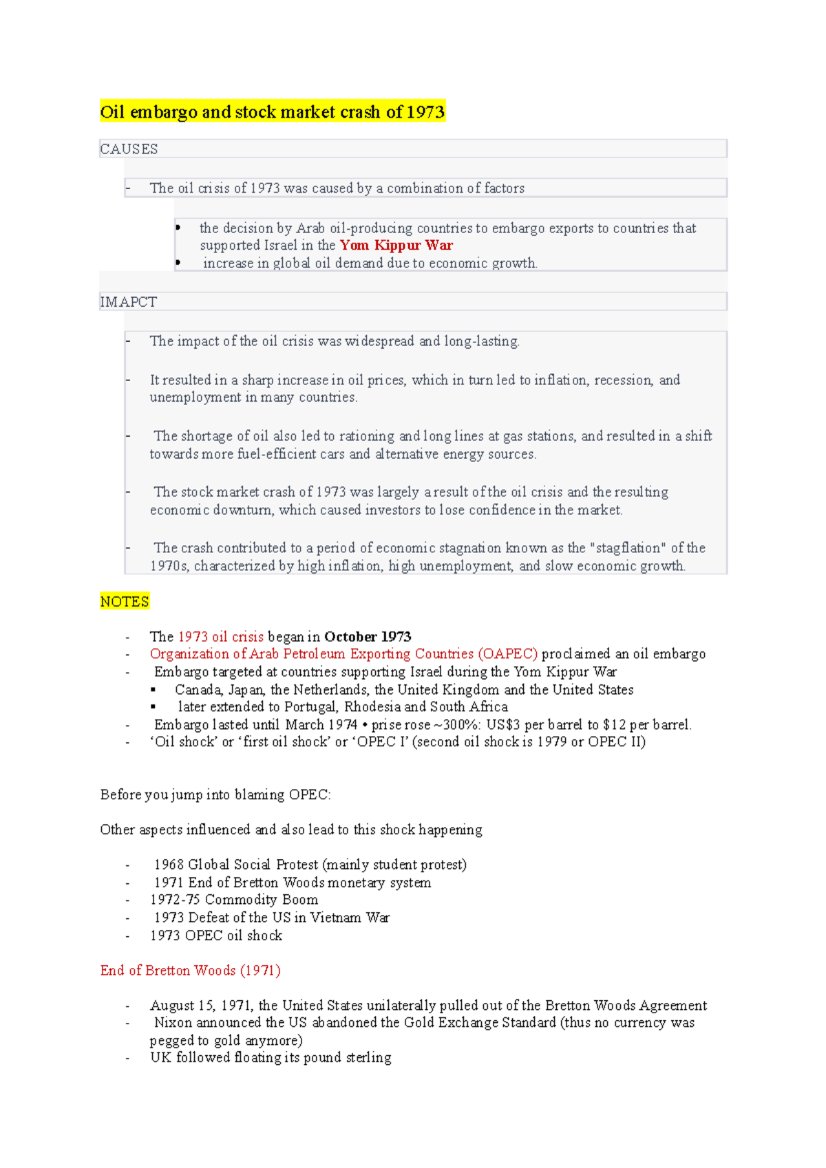 Oil embargo and stock market crash of 1973 - IMAPCT The impact of the ...
