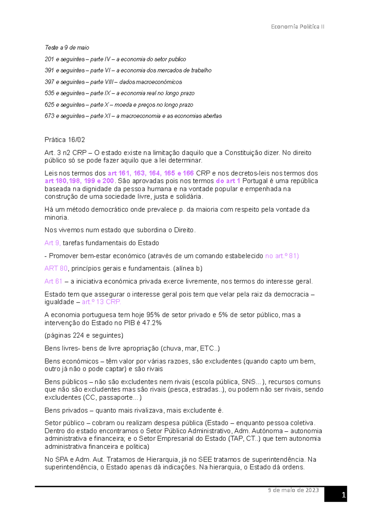 Economia ii - apontamentos - 9 de maio de 2023 Teste a 9 de maio 201 e ...