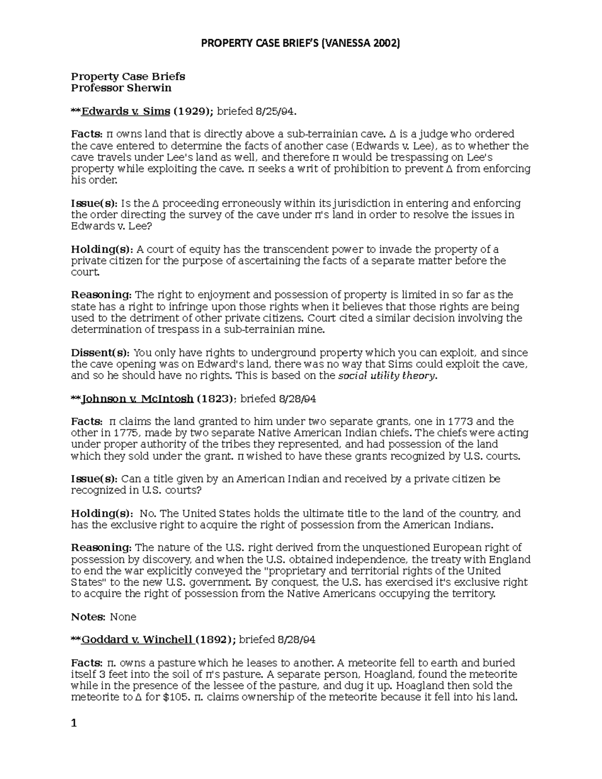 Vanessa's Property Case Briefs 2008 - Property Case Briefs Professor ...