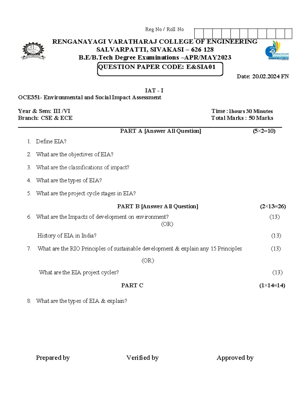 IAT - I E&SIA01 (3) - QUESTION PAPER - Prepared by Verified by Approved ...