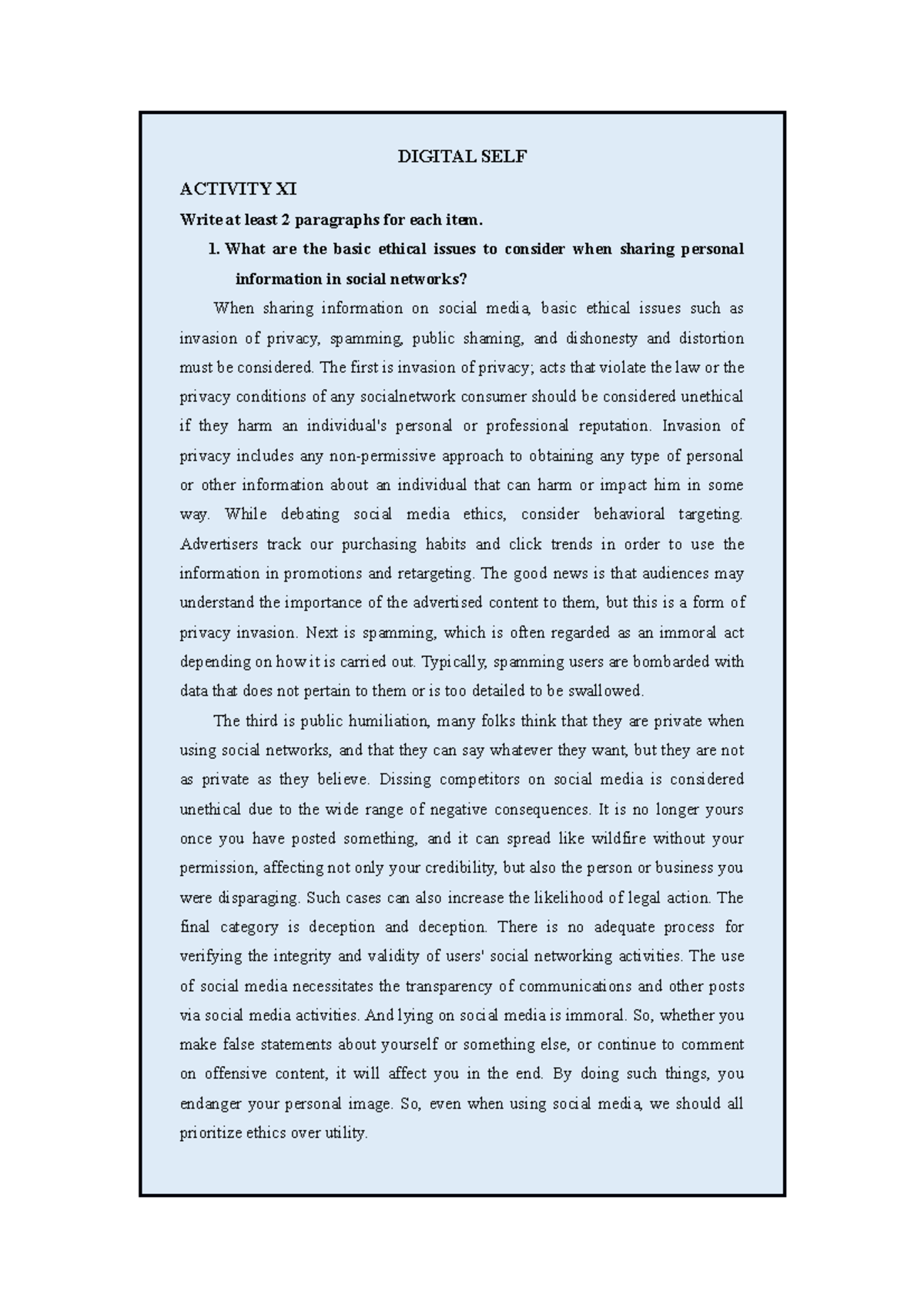 UTS 11 - uts act - DIGITAL SELF ACTIVITY XI Write at least 2 paragraphs ...