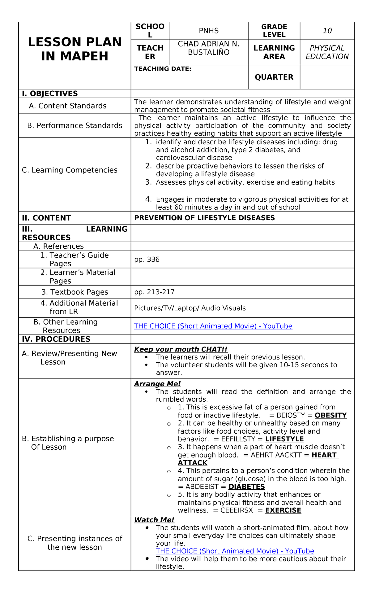 DEMO Lesson PLAN - helpful - LESSON PLAN IN MAPEH SCHOO L PNHS GRADE ...
