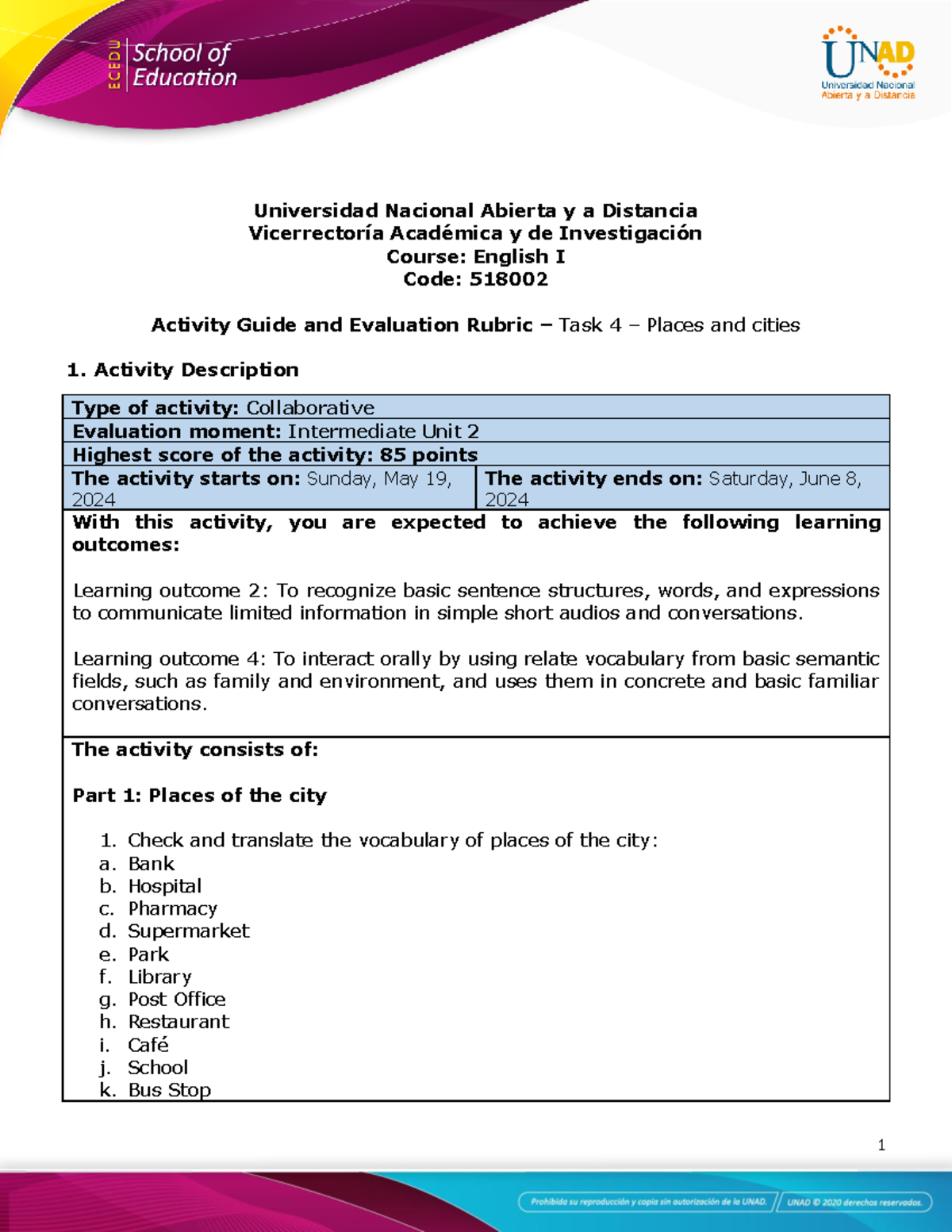 Activity Guide Unit 2 - Task 4 - Places and cities - Universidad ...