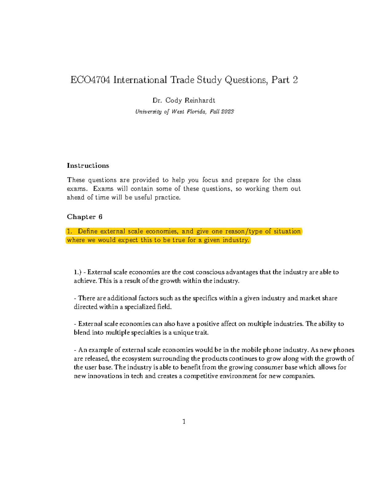 ECO4704 Study Questions Chapters 6-10 - ECO4704 International Trade ...