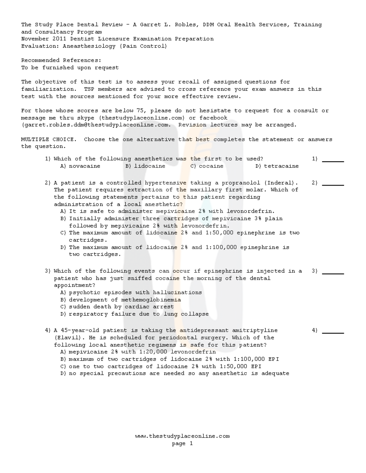 Anesth - anest mock exam - The Study Place Dental Review - A Garret L ...