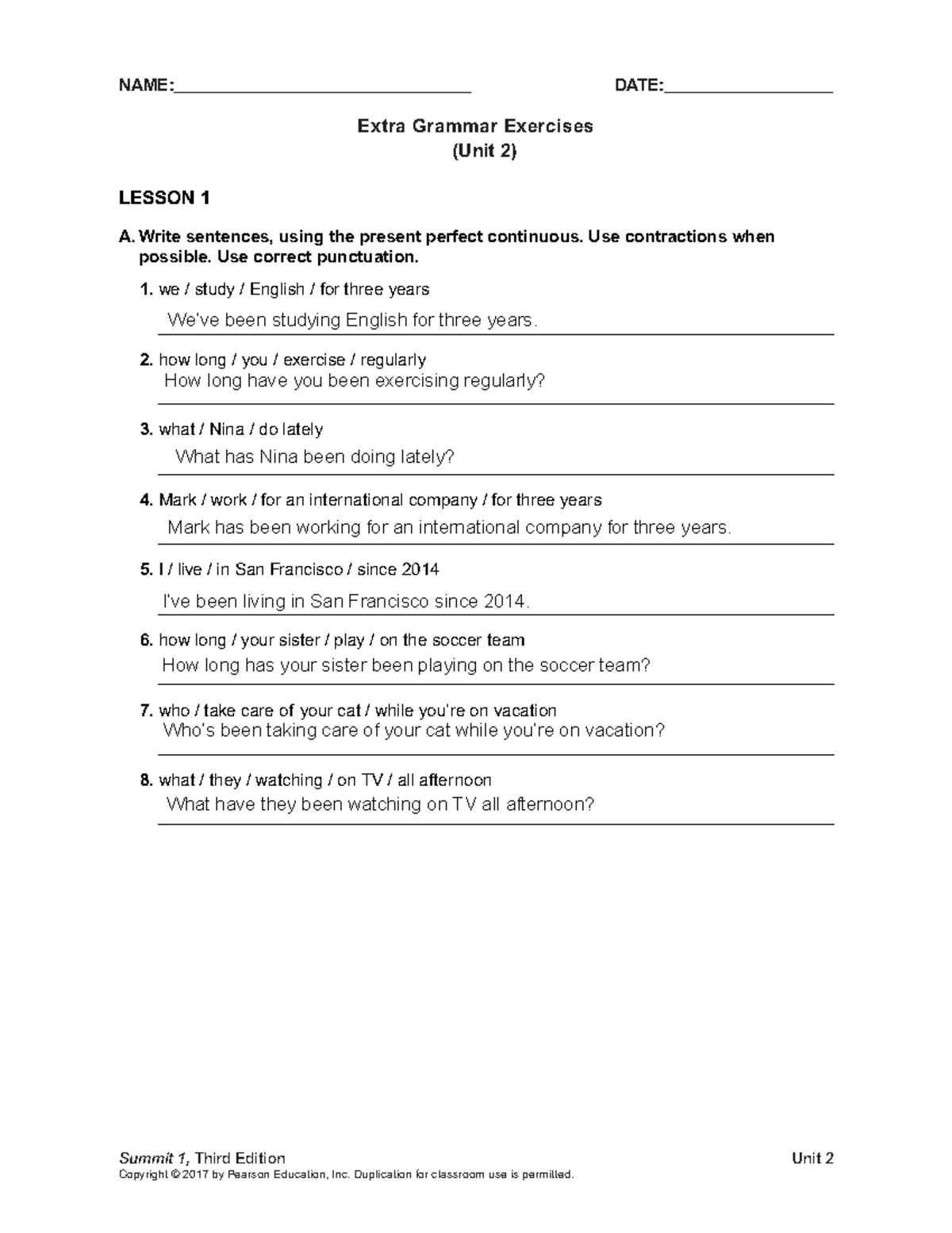 Summit 1 Unit2 Extra Grammar Exercises - Copyright © 2017 by Pearson ...