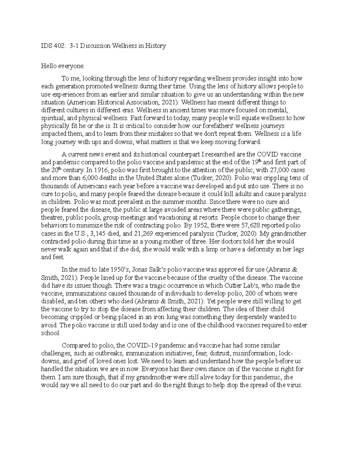 IDS 402 3-1 Discussion Wellness in History - IDS 402: 3-1 Discussion ...