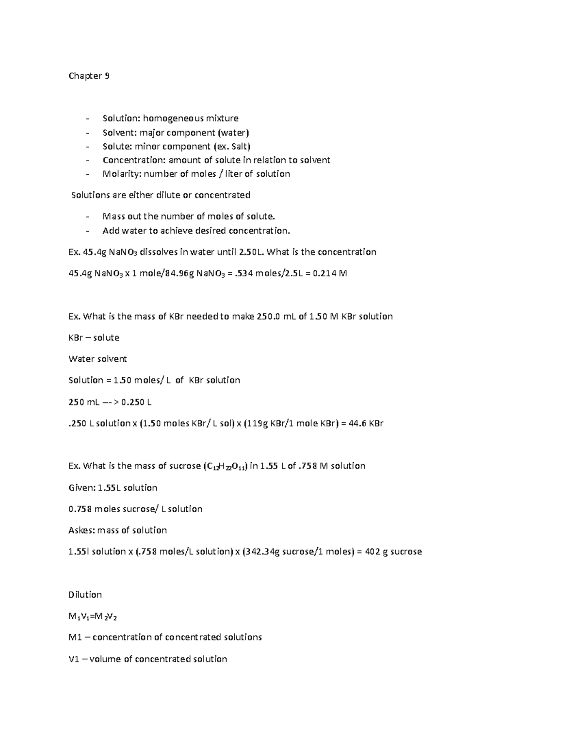 CHEM 1211 Chapter 9 Notes - Chapter 9 - Solution: homogeneous mixture ...