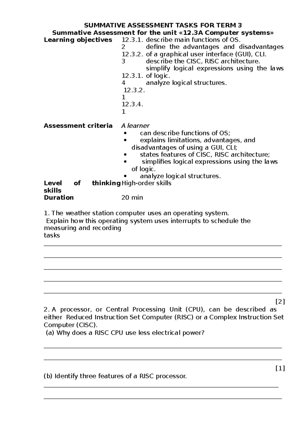 SAU 3 1 - It is NIS Sau - SUMMATIVE ASSESSMENT TASKS FOR TERM 3 ...