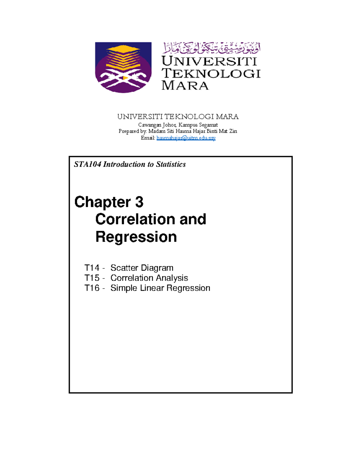 Chapter 3 Correlation and Regression - UNIVERSITI TEKNOLOGI MARA Cawangan Johor, Kampus Segamat ...