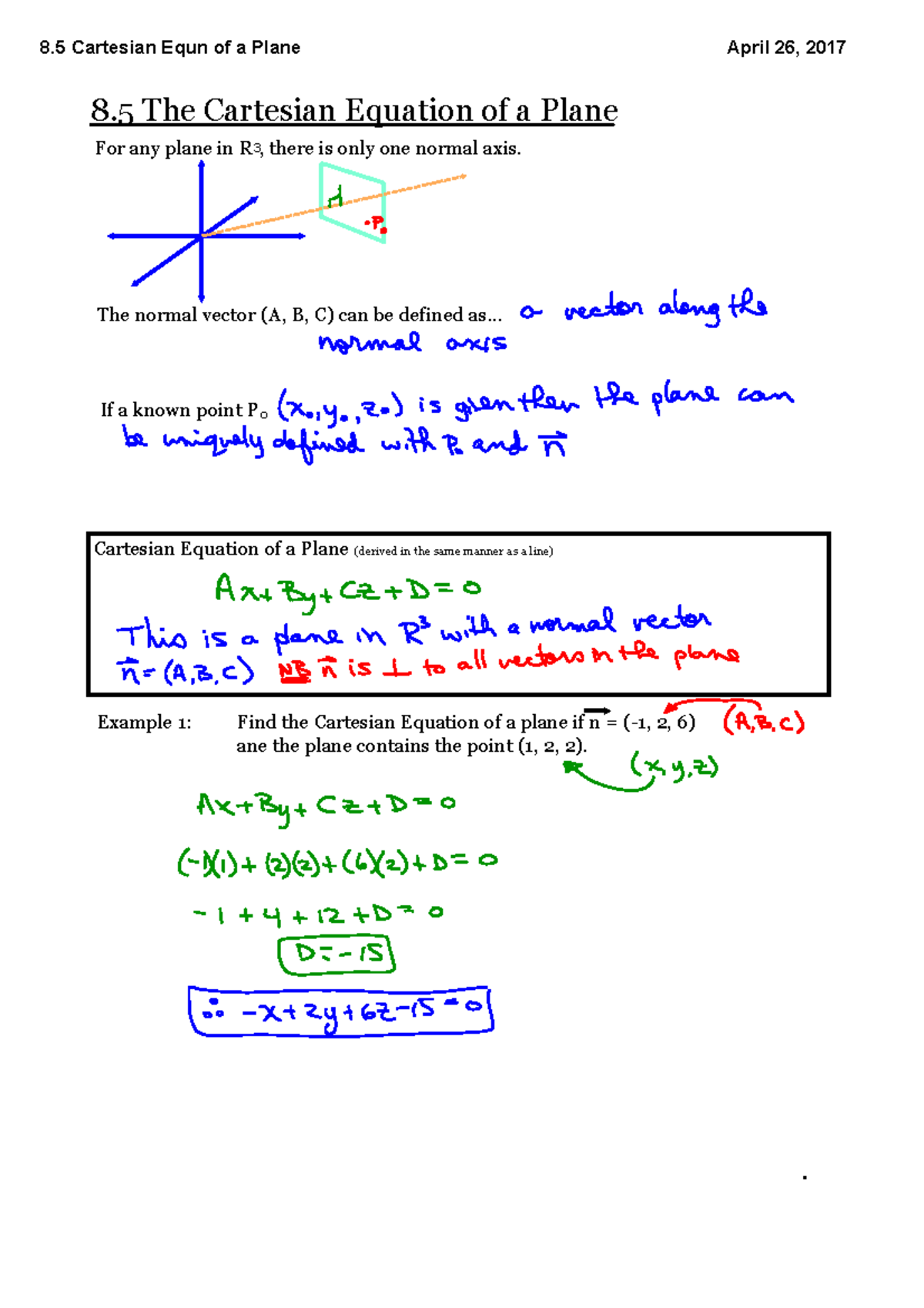 8 - Summary Advanced Functions - 8 The Cartesian Equation of a Plane ...