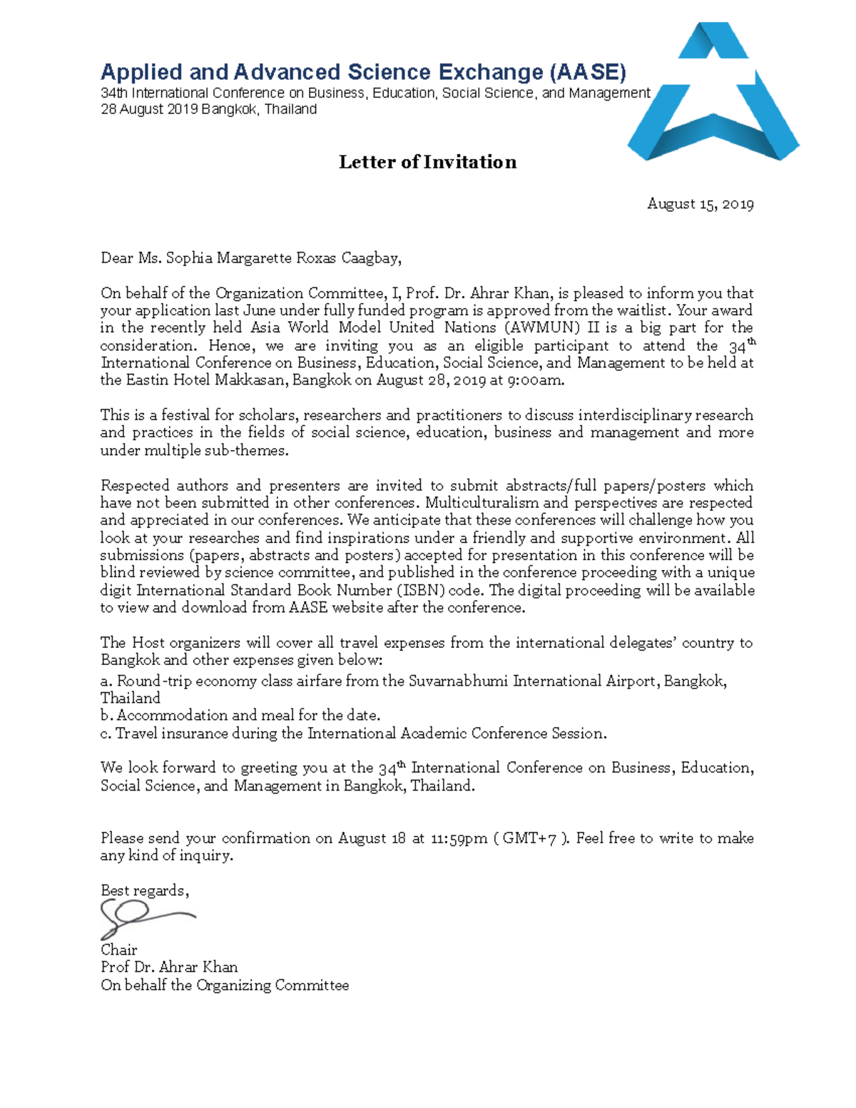 AASE Letter of Invitation - Applied and Advanced Science Exchange (AASE ...