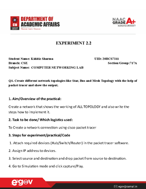Computer Networks EXP 1 - Experiment Number: 1 Student Name : Gagan Mehta UID : 20BCS Branch ...