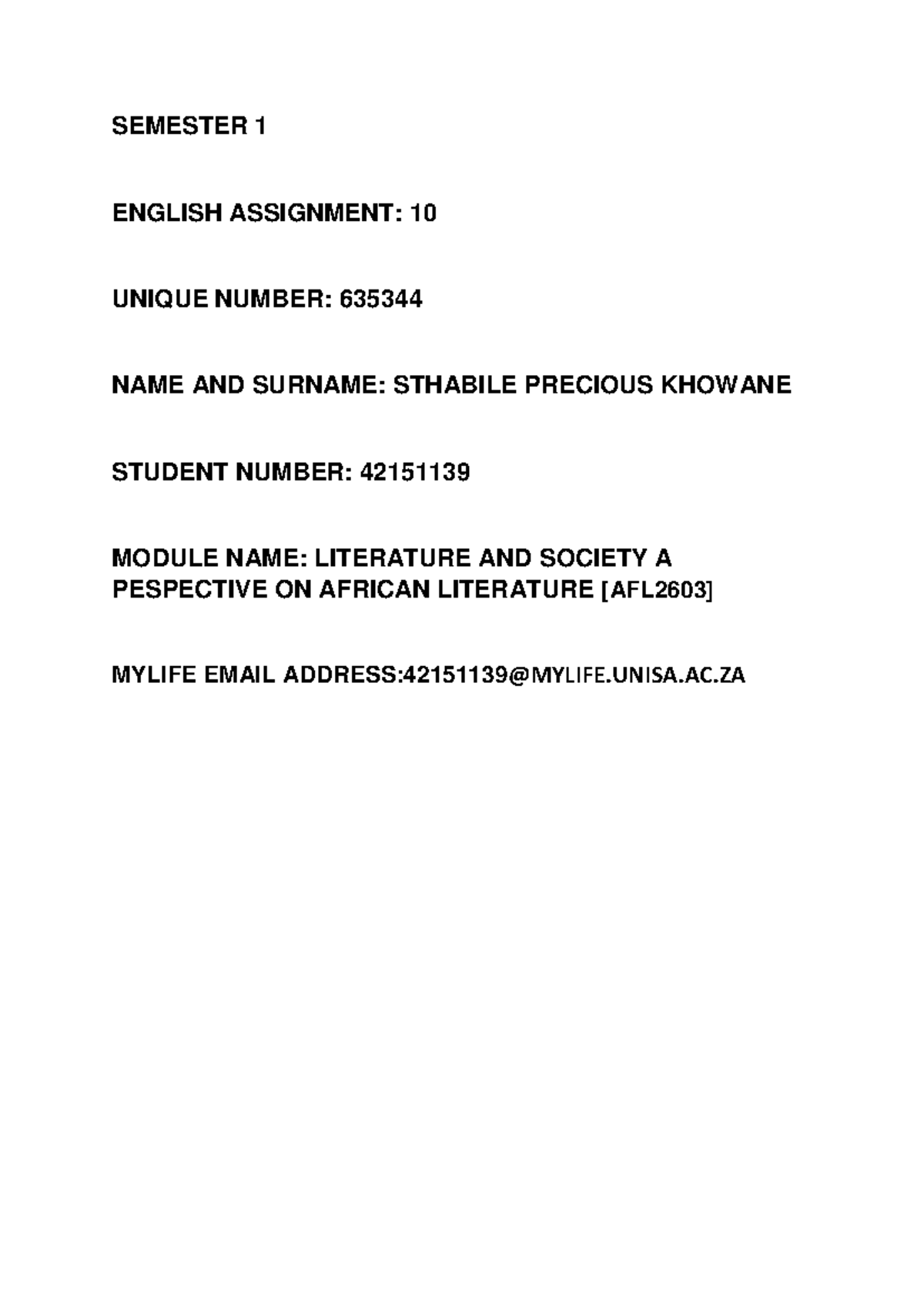 AFL2603 - SEMESTER 1 ENGLISH ASSIGNMENT: 10 UNIQUE NUMBER: 635344 NAME AND SURNAME: STHABILE ...