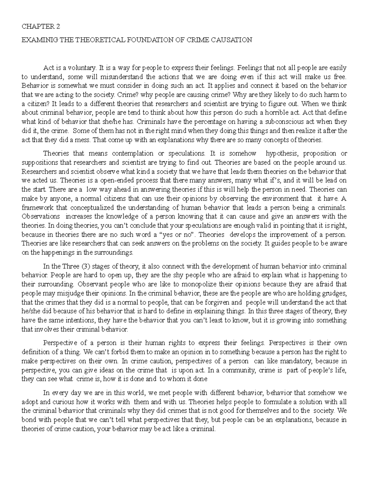 Chapter 2 crime causation reflection - CHAPTER 2 EXAMINIG THE THEORETICAL FOUNDATION OF CRIME ...