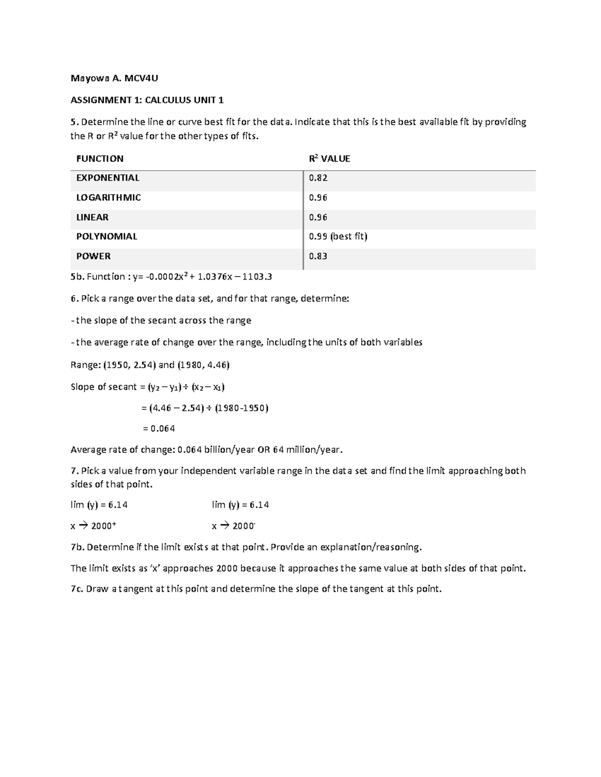 Assignment 1 Calculus Mayowa A Mcv4u Assignment 1 Calculus Unit 1 5 Determine The Line Or