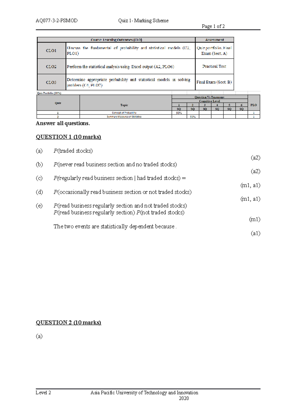 Psmod Quiz 1 (MS) - v v v v - AQ077-3-2-PSMOD Quiz 1- Marking Scheme ...