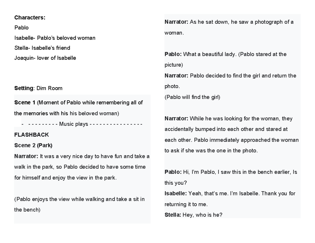 LIT-2- Script - Characters: Pablo Isabelle- Pablo’s beloved woman ...