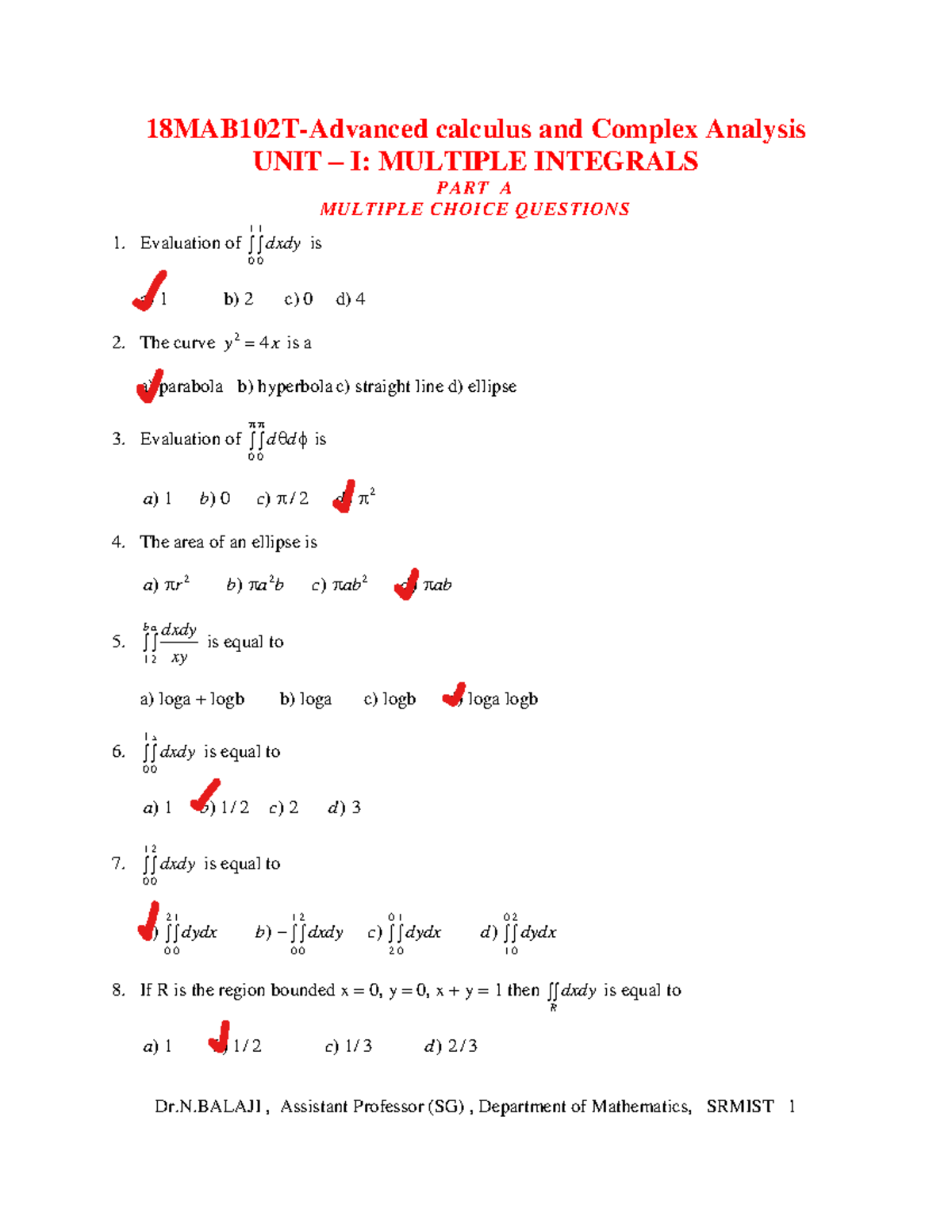 18MAB102T-ALL Units -MCQ - 18MAB102T-Advanced calculus and Complex Analysis UNIT – I: MULTIPLE ...