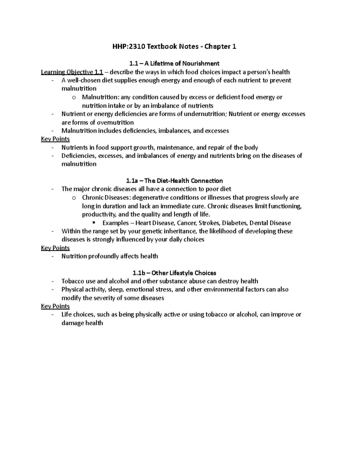 Chapter 1 Textbook Notes (Unit 1) - Nutrition and Health - HHP:2310 ...