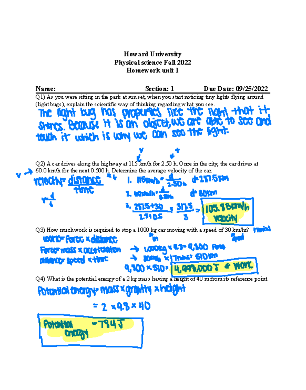 Homework unit1 - Howard University Physical science Fall 2022 Homework ...