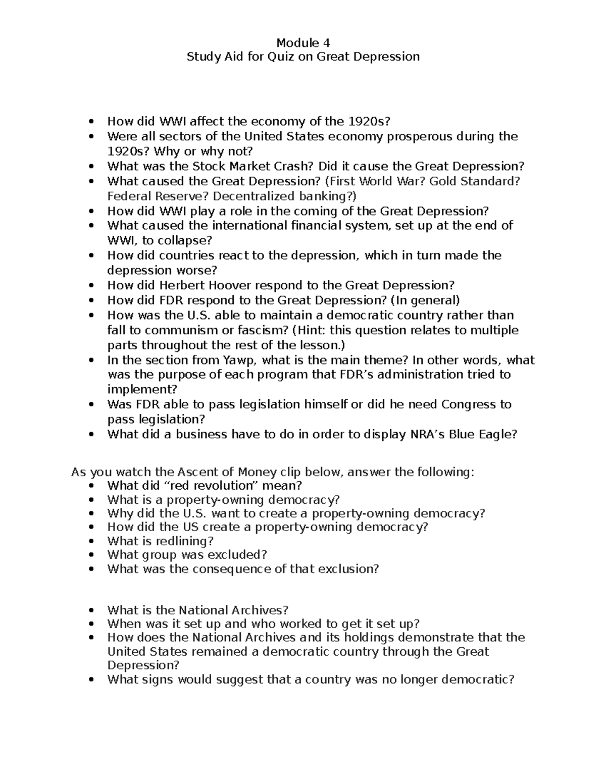 Module 4 Study Aid for Great Depression Quiz - Module 4 Study Aid for ...