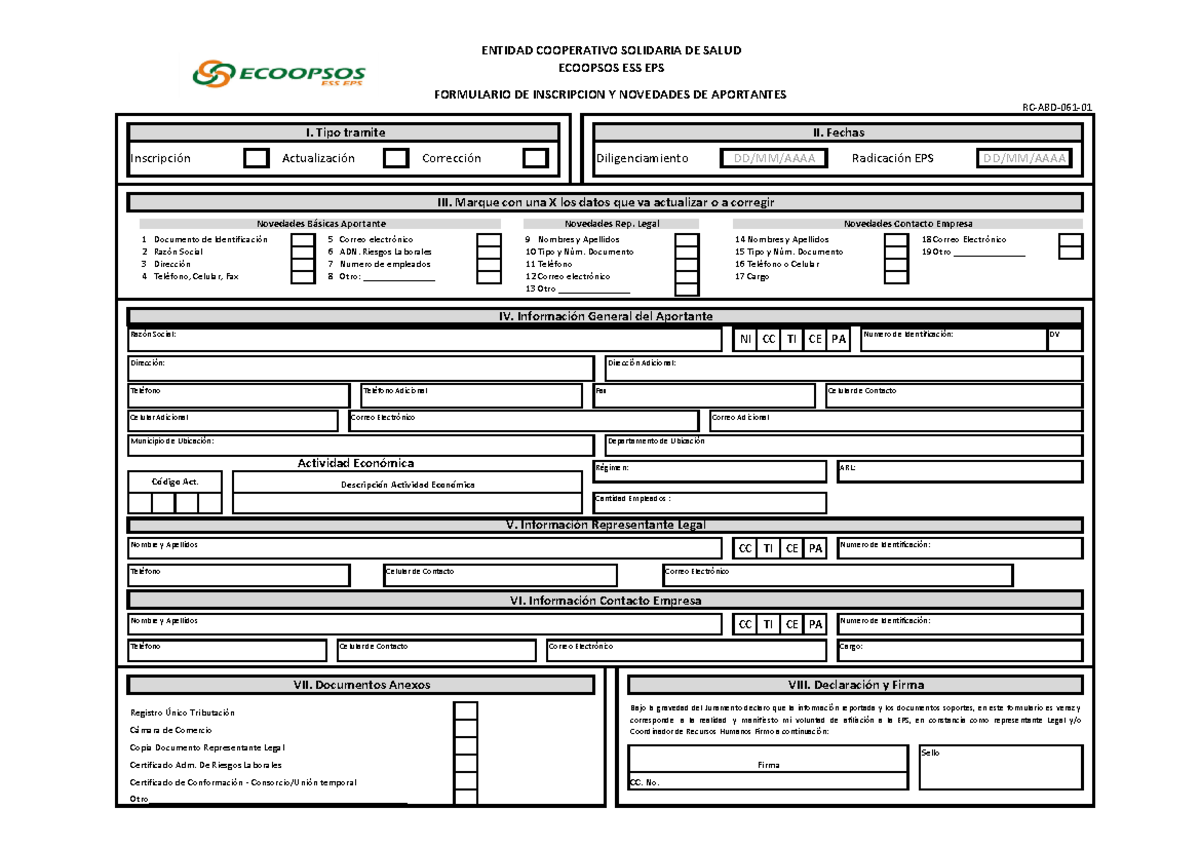 Ecoopsos - Formulario - Diligenciamiento DD/MM/AAAA Radicación EPS DD ...