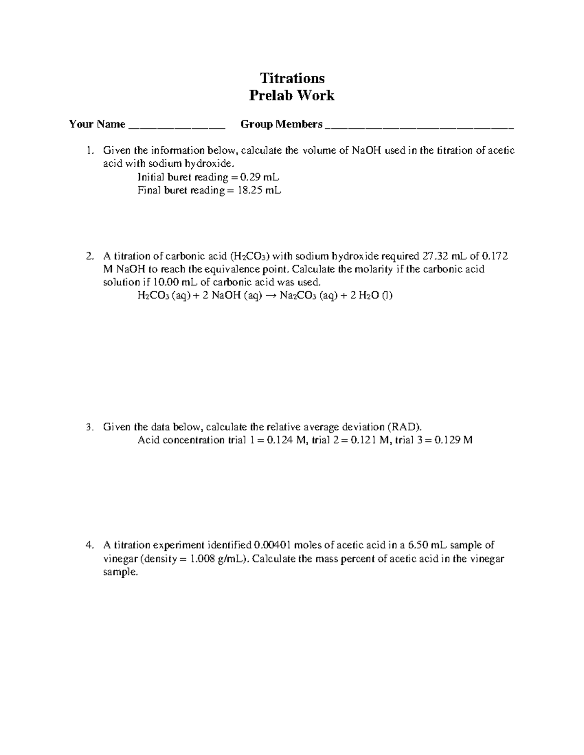 Titrations Prelab Work - Titrations Prelab Work Your Name ...