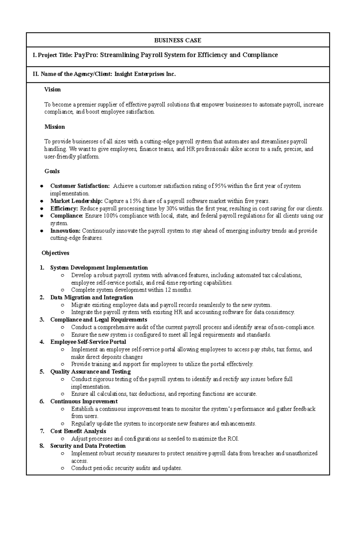 Business-Case-Payroll - BUSINESS CASE I. Project Title: PayPro ...