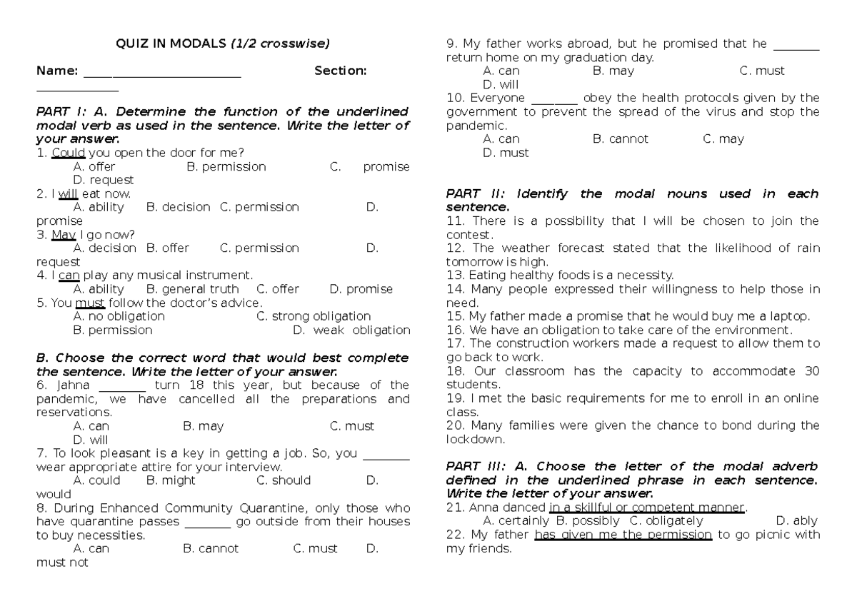 QUIZ IN Modals - ENGLISH - QUIZ IN MODALS (1/2 crosswise) Name